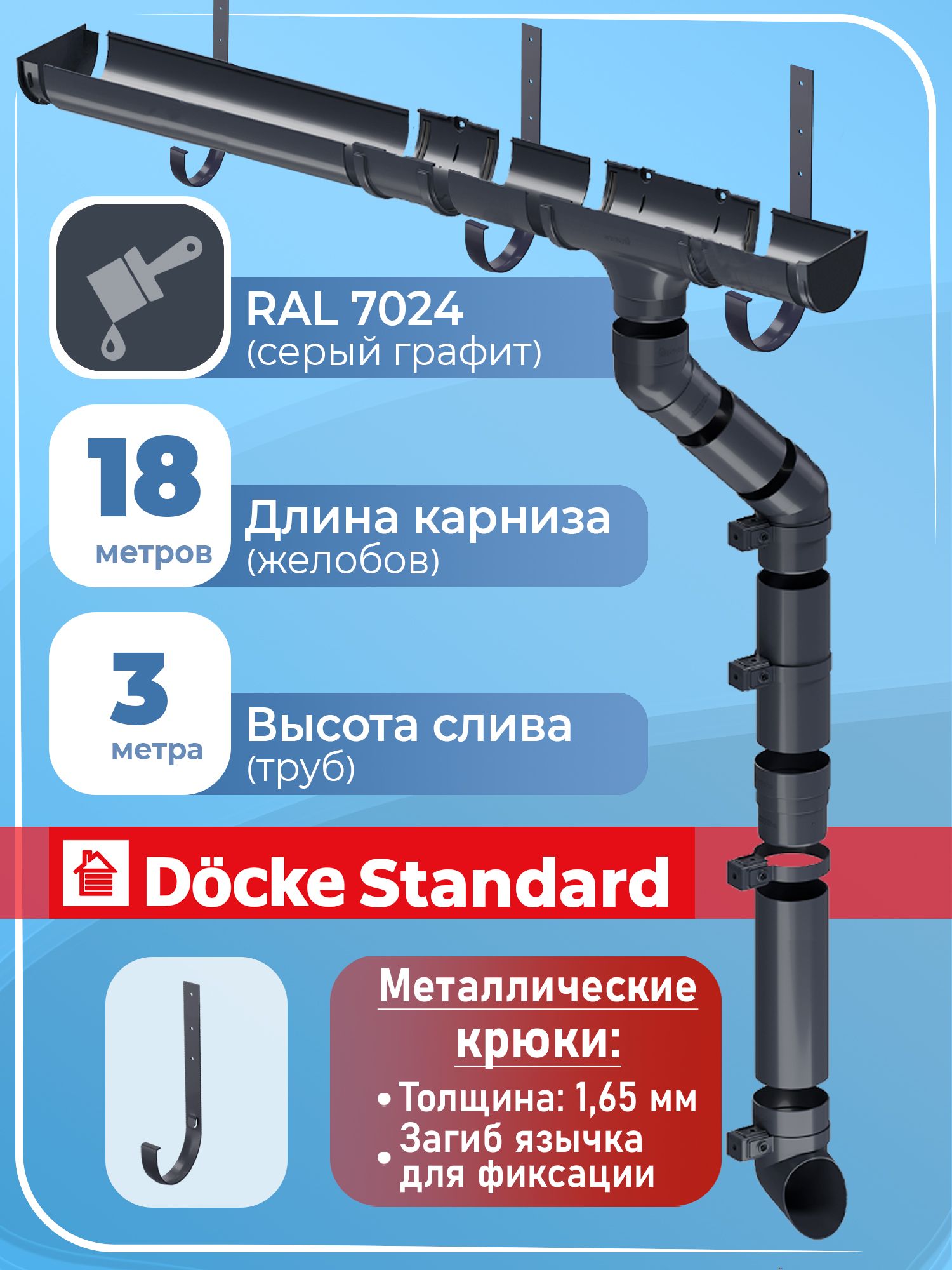 Водосток Деке Стандарт RAL 7024 (длина 18 м / 1 слив) кровельная водосточная система с металлическими крюками Docke Standard 120 / 80 мм (серый )