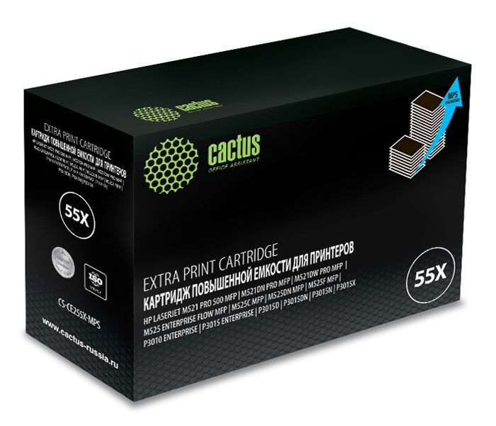 Лазерный картридж Cactus CS-CE255X-MPS (HP 55X) черный для увеличенной емкости для HP LaserJet M521 Pro 500 MFP, M521dn Pro MFP, M521dw Pro MFP, M525, M525c MFP, M525f, P3010, P3015, P3015d, P3015dn