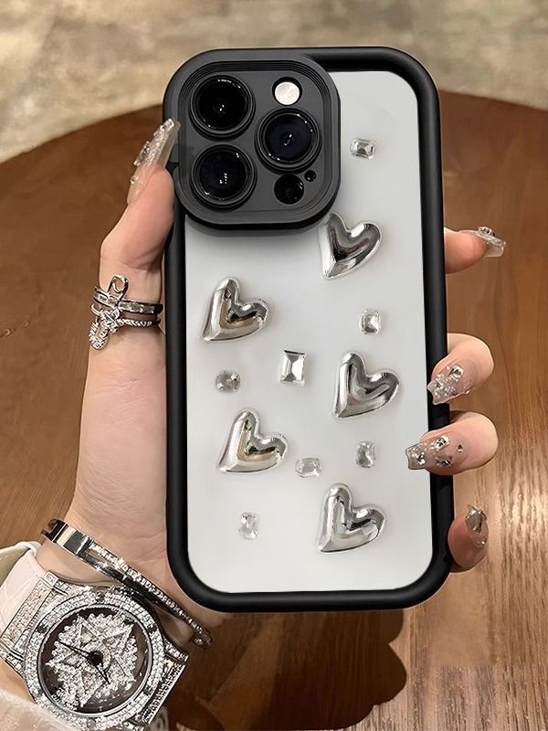 Чехол на Айфон 11 Про Макс / iPhone 11 Pro Max чёрный с серебряными сердцами и бриллиантами силиконовый удароПрочный