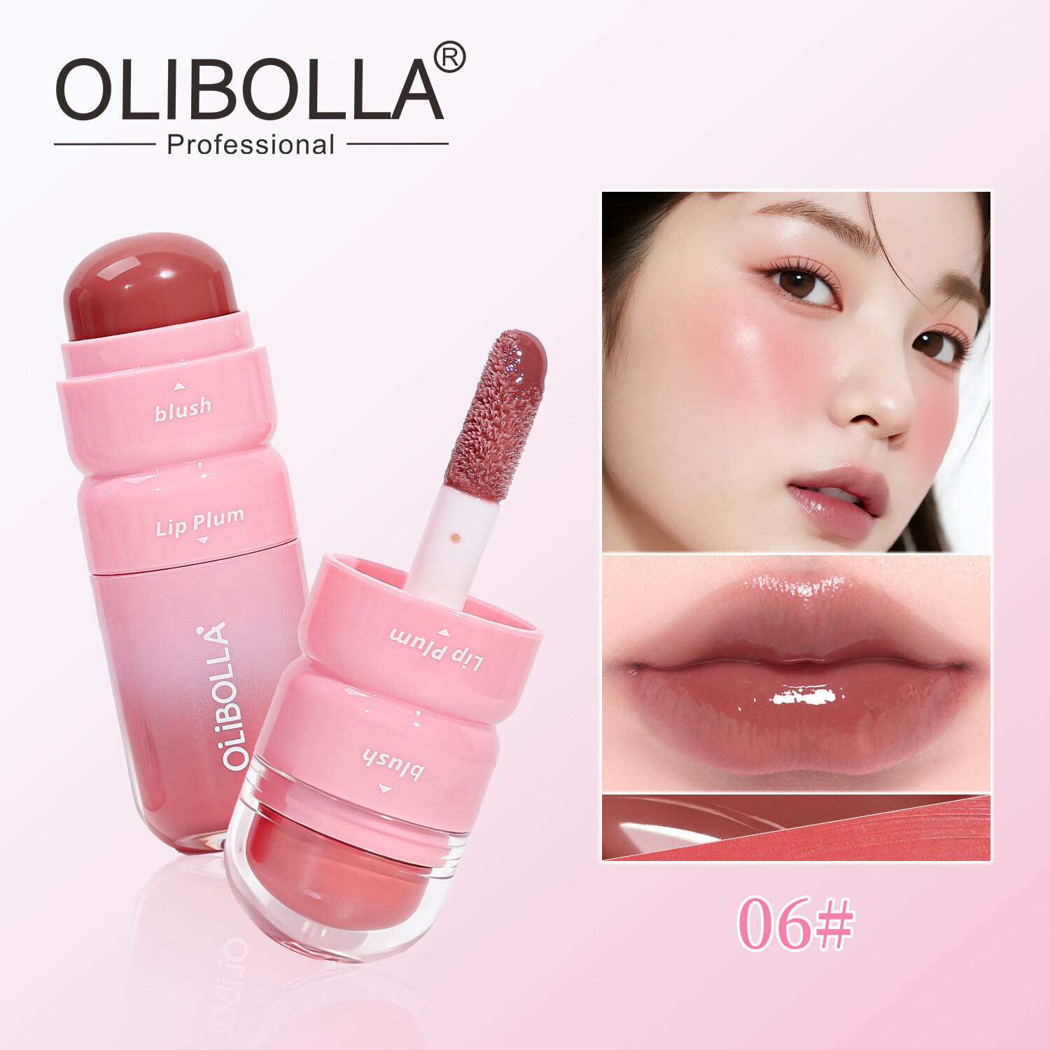 Двусторонний блеск для губ и румяна OLIBOLLA Lip Plum Blush 2 в 1, жидкая текстура, перламутровый эффект, сияющий водяной финиш, 6 оттенков, 7 мл