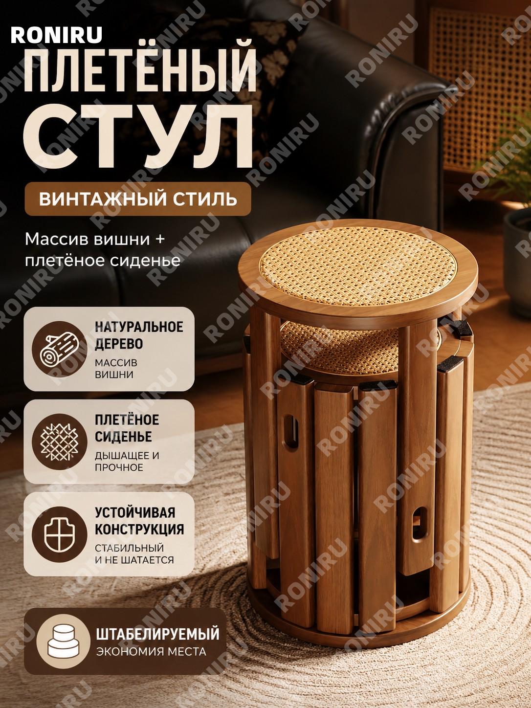 Табурет из дерева с плетёным сиденьем, цвет вишни, устойчивая конструкция, круглый стул для дома и кухни и дачи