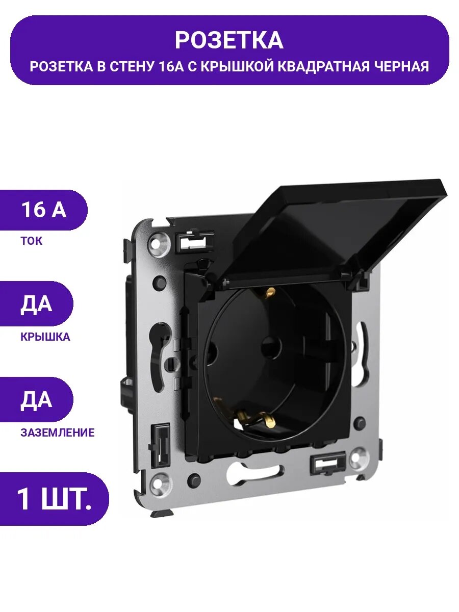 Розетка встраиваемая с крышкой, черная, для скрытого монтажа