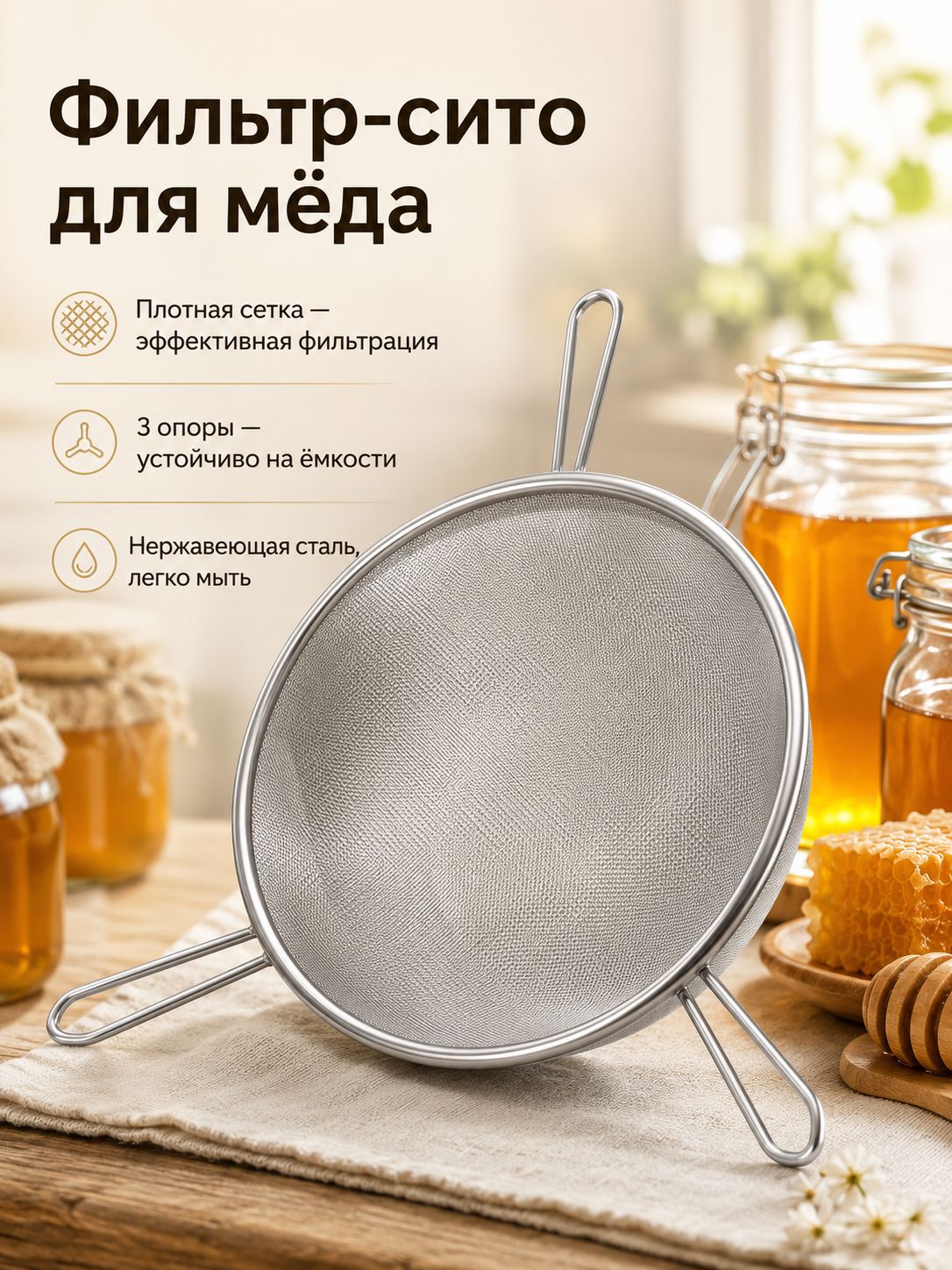 Сито для мёда из нержавейки, фильтр с мелкой сеткой на 3 опорах для пасеки