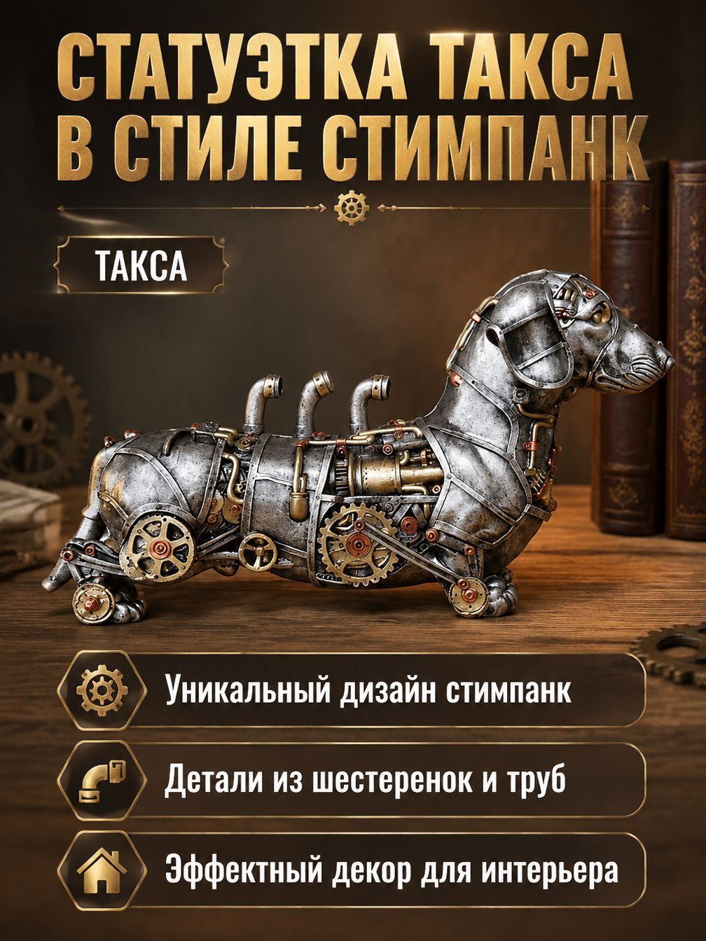 Сувенирная Такса в стиле стимпанк с медными трубками и матово-серым корпусом, высота 12 см, длина 19 см