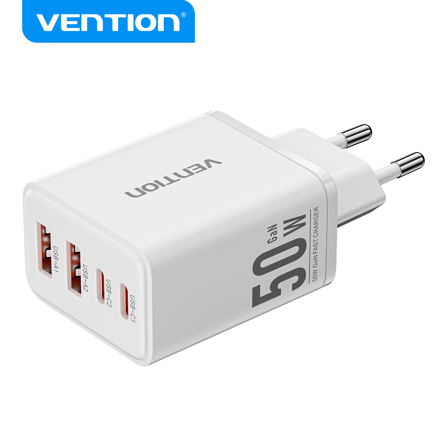 Зарядное устройство type c 50W на 4 порта / Vention/ Белый цвет, быстрая зарядка для телефона, ноутбука GAN, адаптер питания USB AM/CM, арт. FCHW0-EU