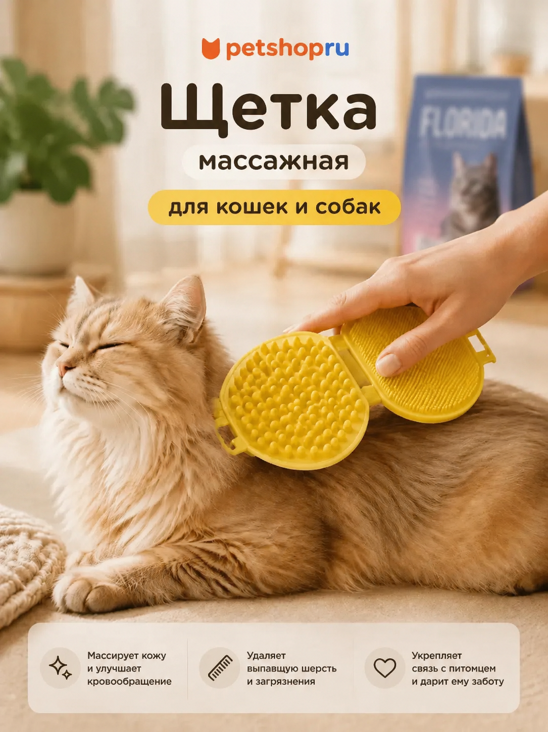 Yami Yami Щетка для кошек и собак массажная, желтая
