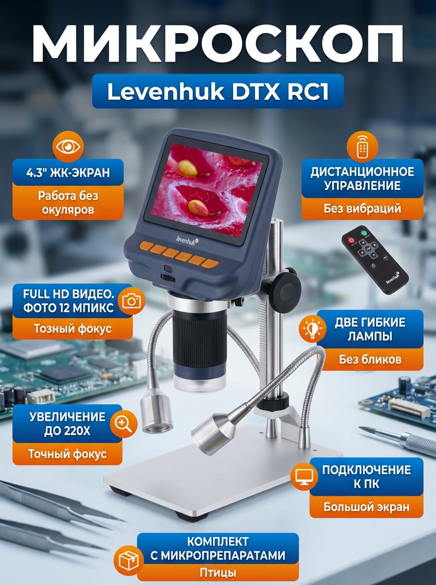 Микроскоп с дистанционным управлением Levenhuk DTX RC1 в комплекте с набором микропрепаратов Levenhuk Discovery Prof DPS 5. Птицы