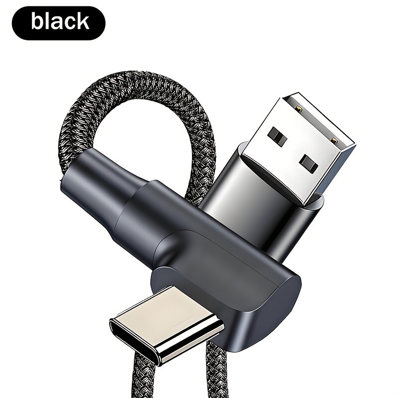 Кабель USB-A на USB-C угловой в тканевой оплётке для быстрой зарядки, черный, 2 м