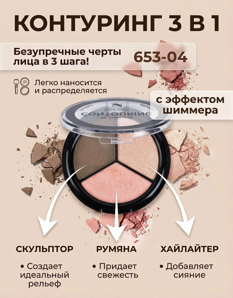 Nice View Контуринг для лица 3 в 1 / Бронзер (Bronzer) + Хайлайтер (Highlighter) + Румяна (Blusher) для макияжа, Тон №4