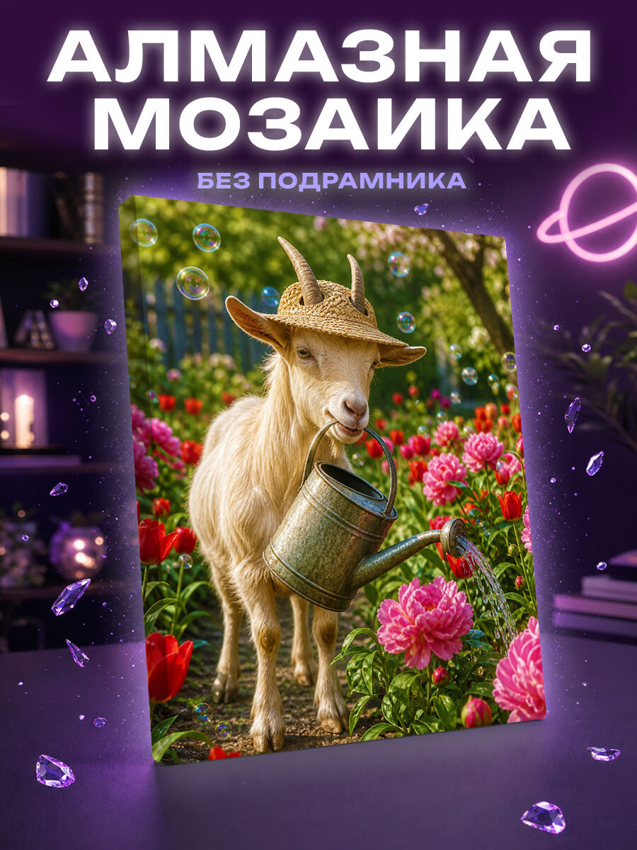 Алмазная мозаика Коза поливает весенний сад