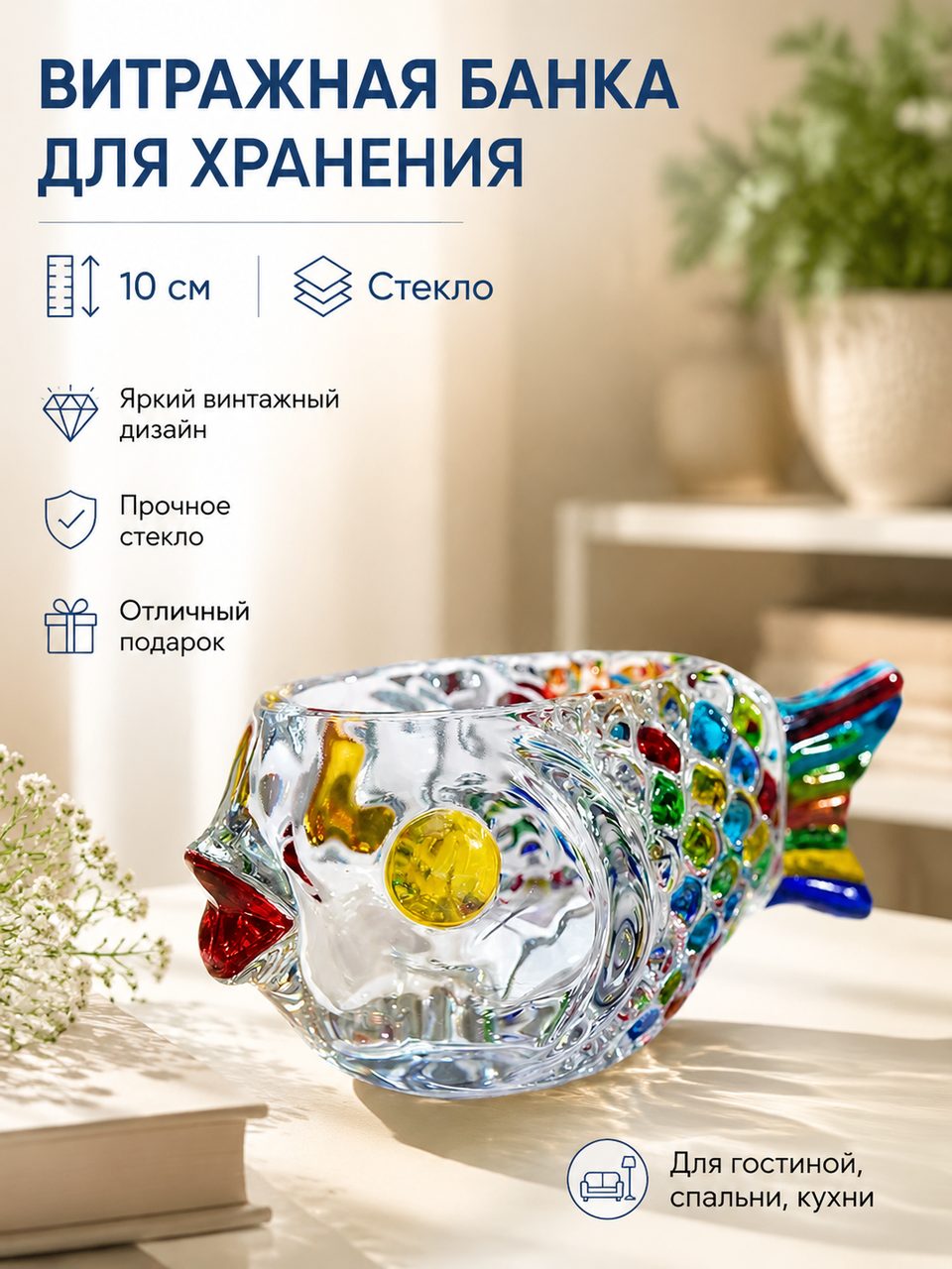Ваза "Витражная банка для хранения", 10 см , Стекло, 1 шт. Образцы оформления гостиной