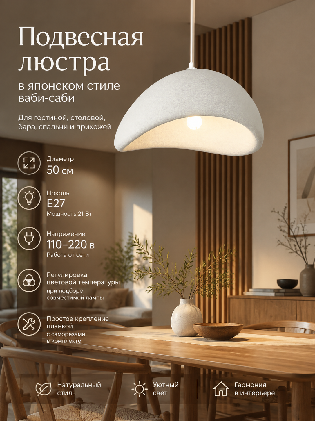 Подвесная люстра ваби-саби 50 см для гостиной, столовой и бара, цоколь E27, античный белый