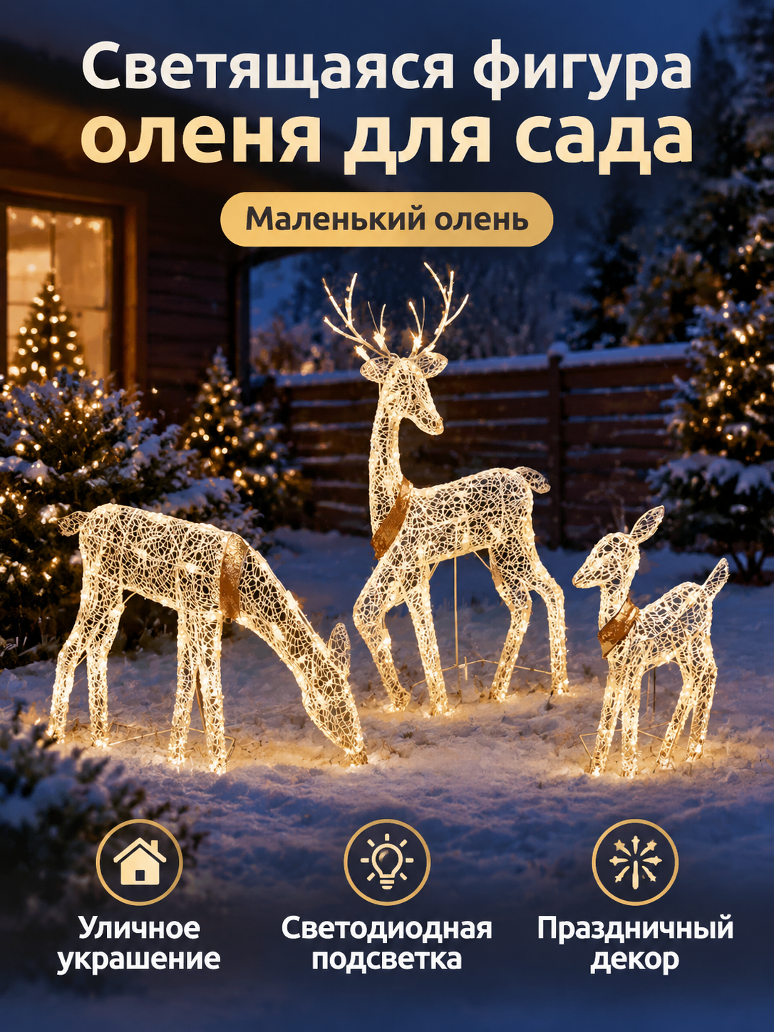 Комплект новогодних светящихся оленей для сада из 3 предметов: большой, средний и маленький олень белые с золотым бантом
