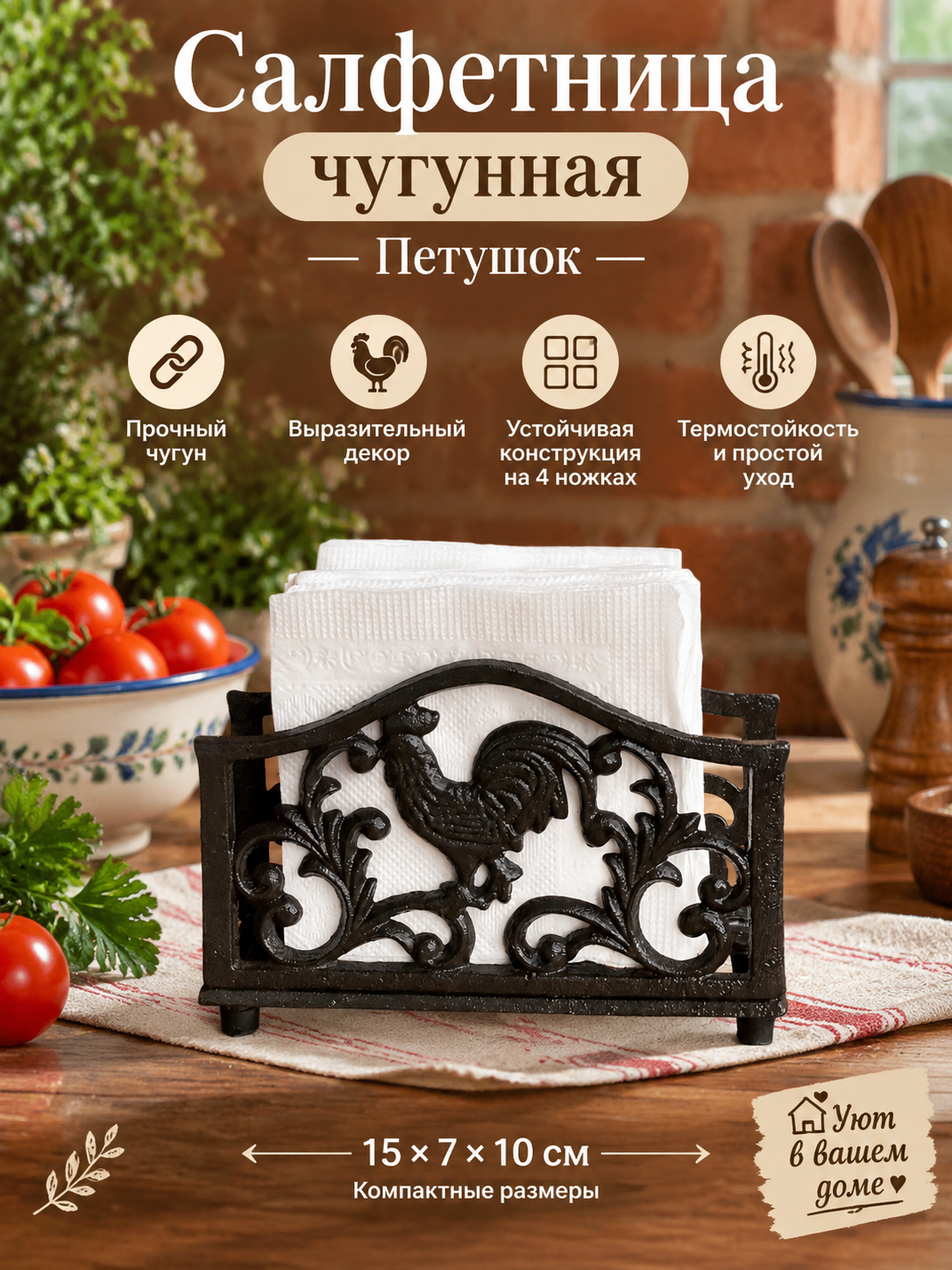 Чугунная салфетница Петушок с ажурным узором, устойчивый держатель бумажных салфеток, 15×7×10 см