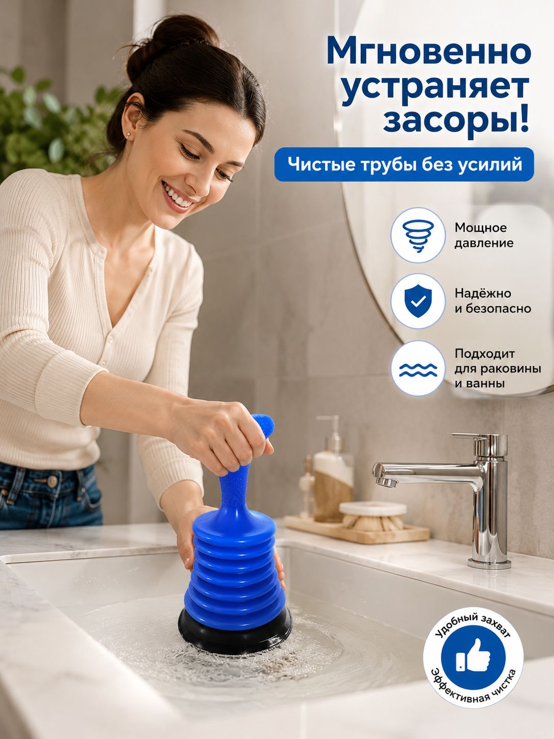 Вантуз гармошка для ванны и раковины на кухне