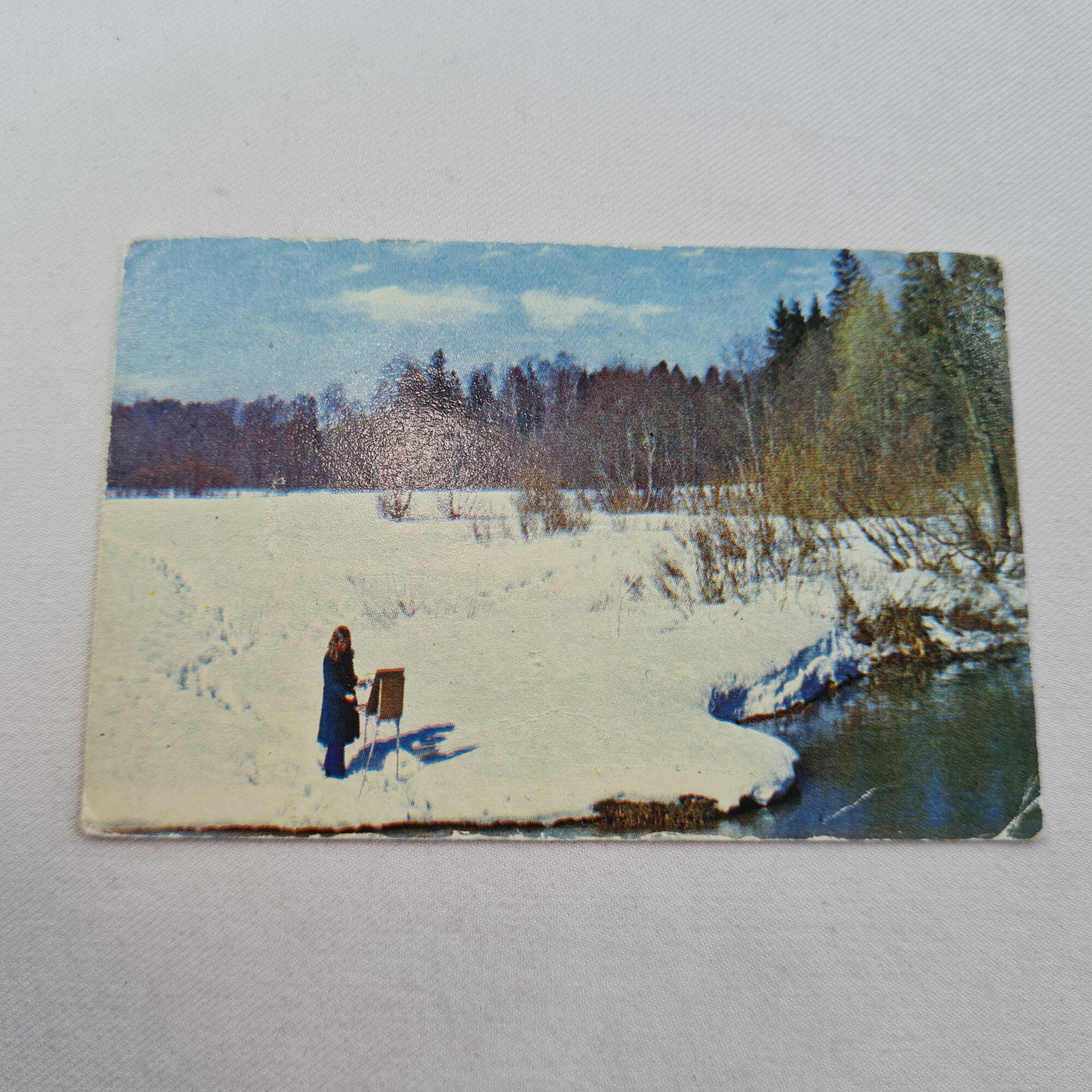 Карманный календарик СССР 1982. Зимний пейзаж, художник на этюдах. Советский календарь фото