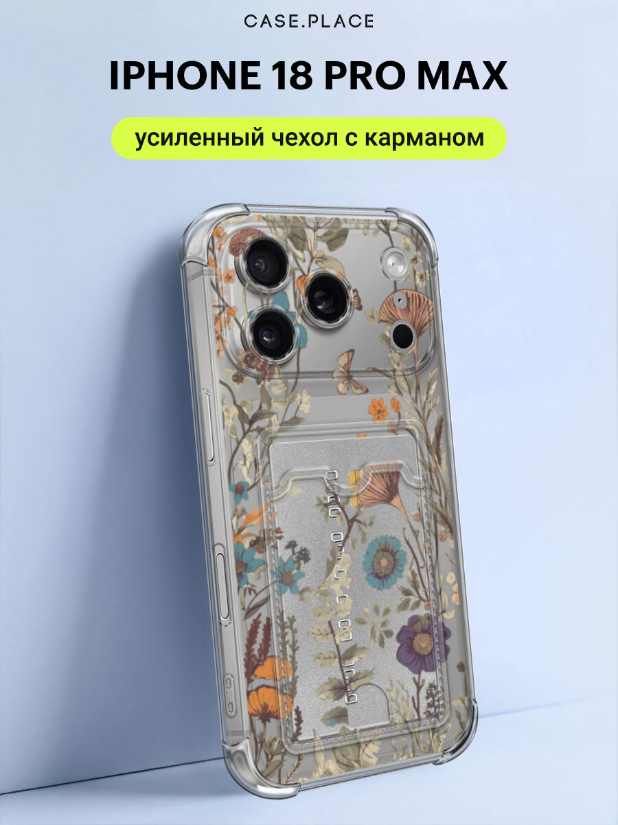 Чехол на iPhone 18 Pro Max (Айфон 18 Про Макс) с картой и принтом Сухоцветы и бабочка