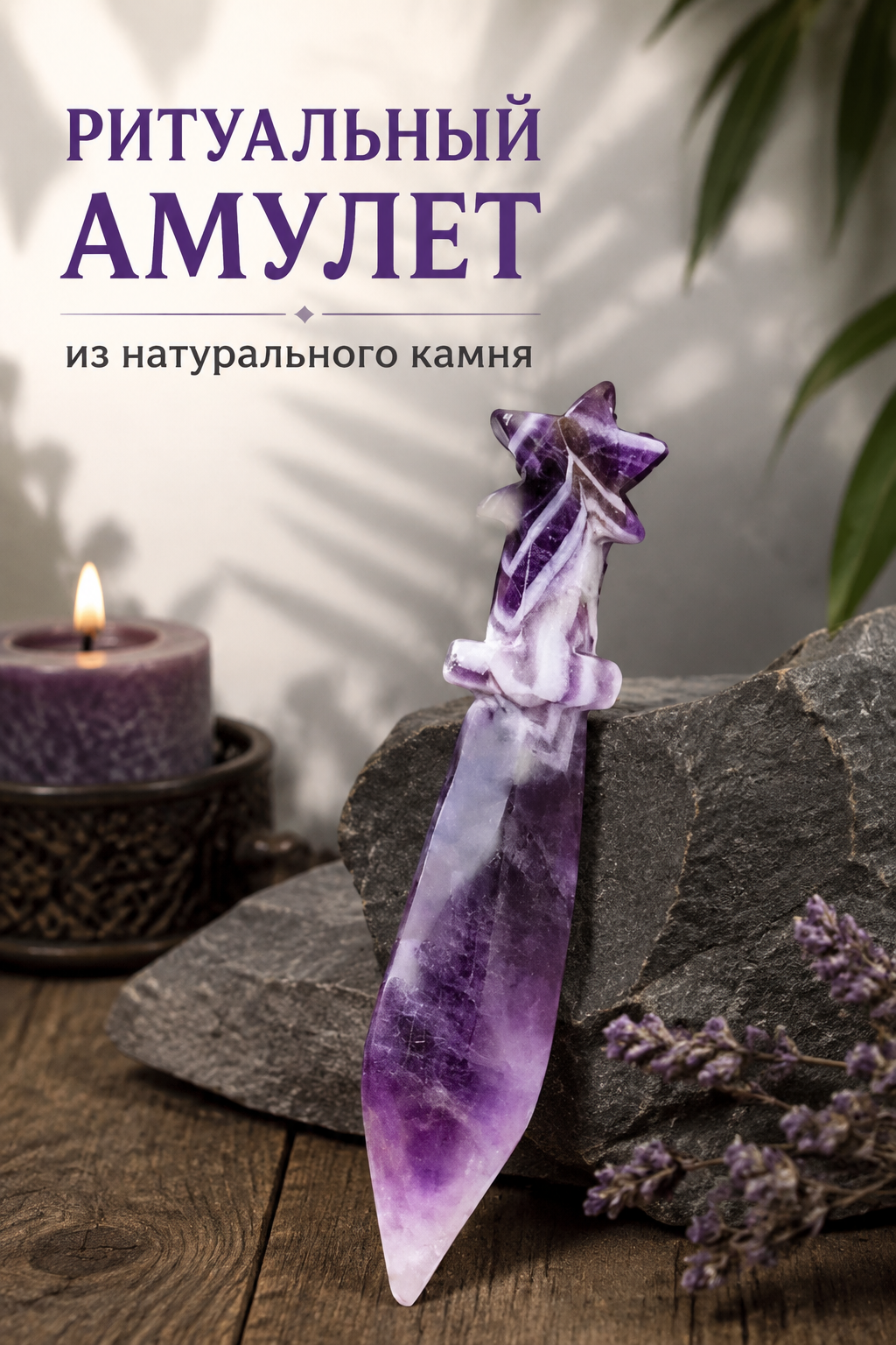 Ритуальный амулет из натурального камня, фиолетовый, 13,5 см