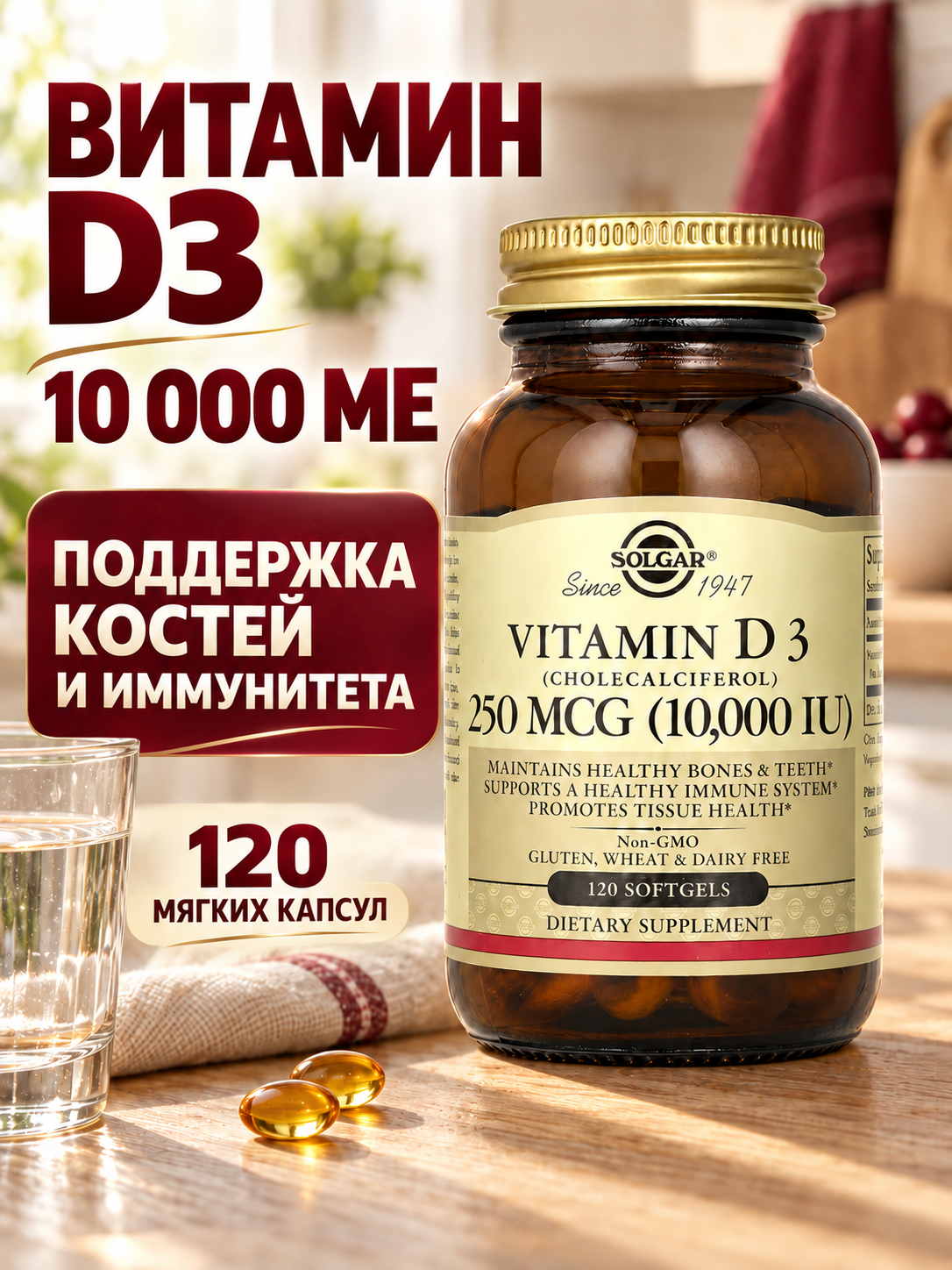 Витамин D3 холекальциферол 250 мкг 10 000 МЕ 120 капсул Solgar