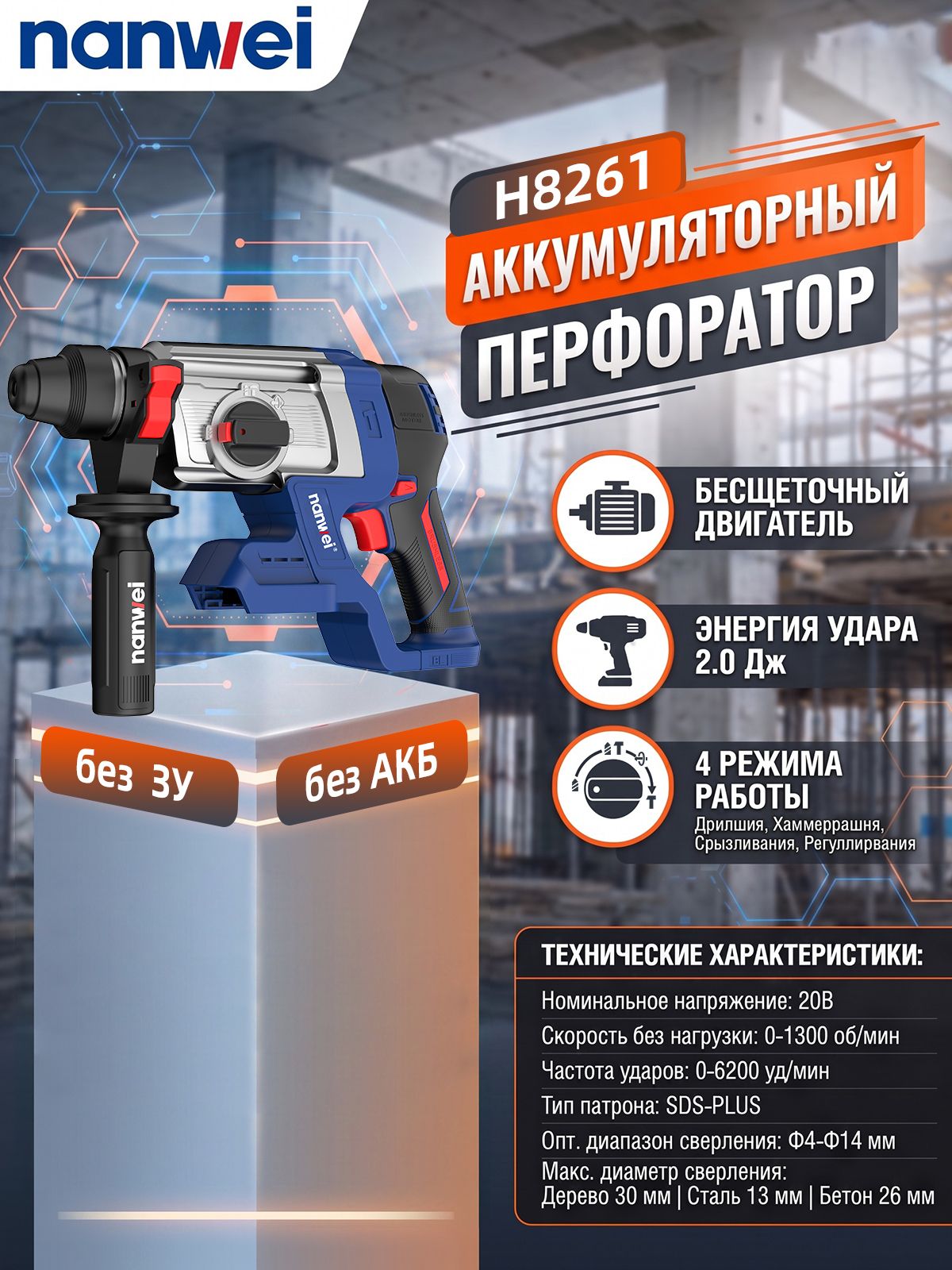 NANWEI Перфоратор 2610 Вт, 0 акк.