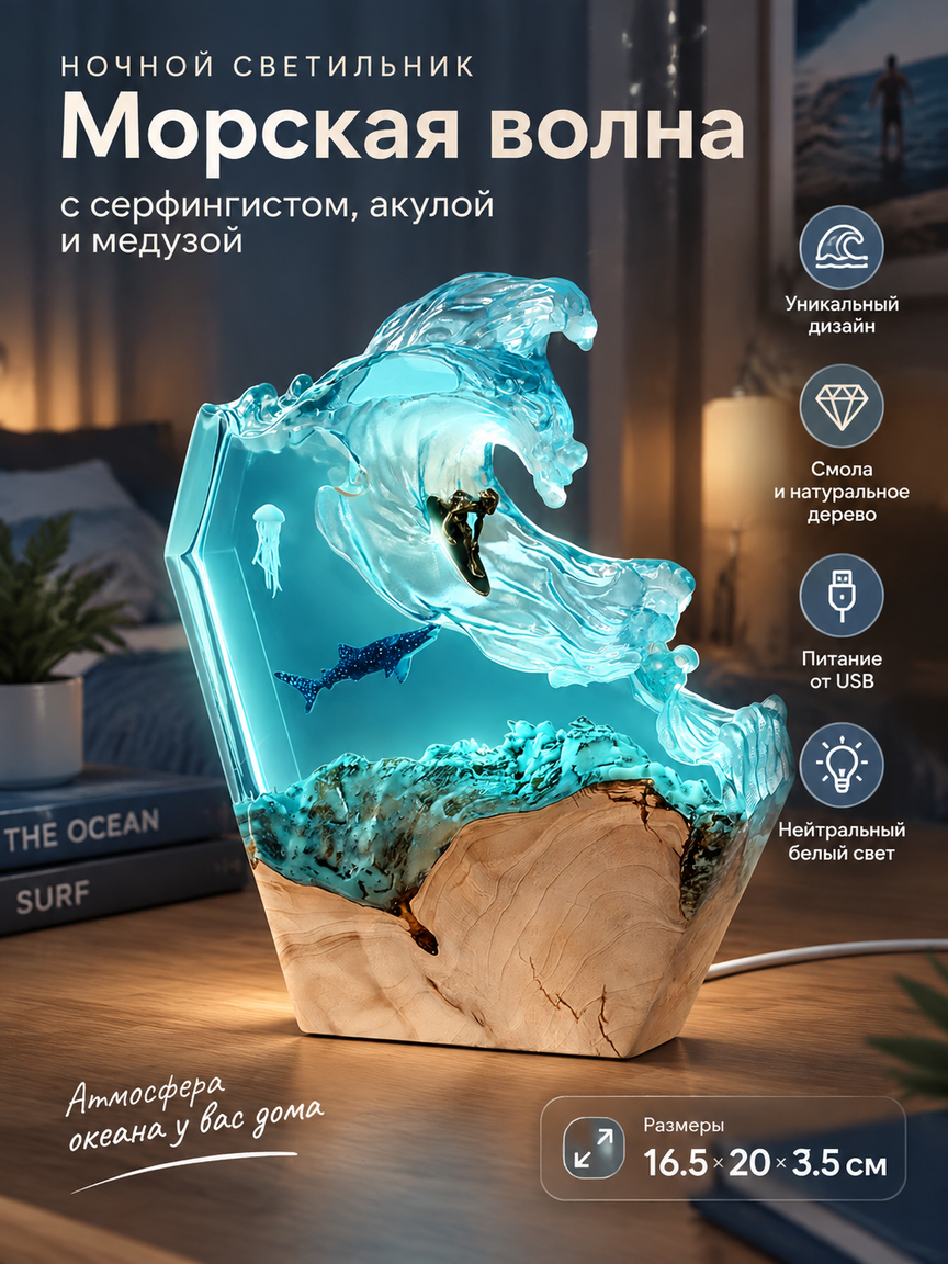 Ночной светильник из смолы «Морская волна» с серфингистом, акулой и медузой, USB, 16.5×20×3.5 см