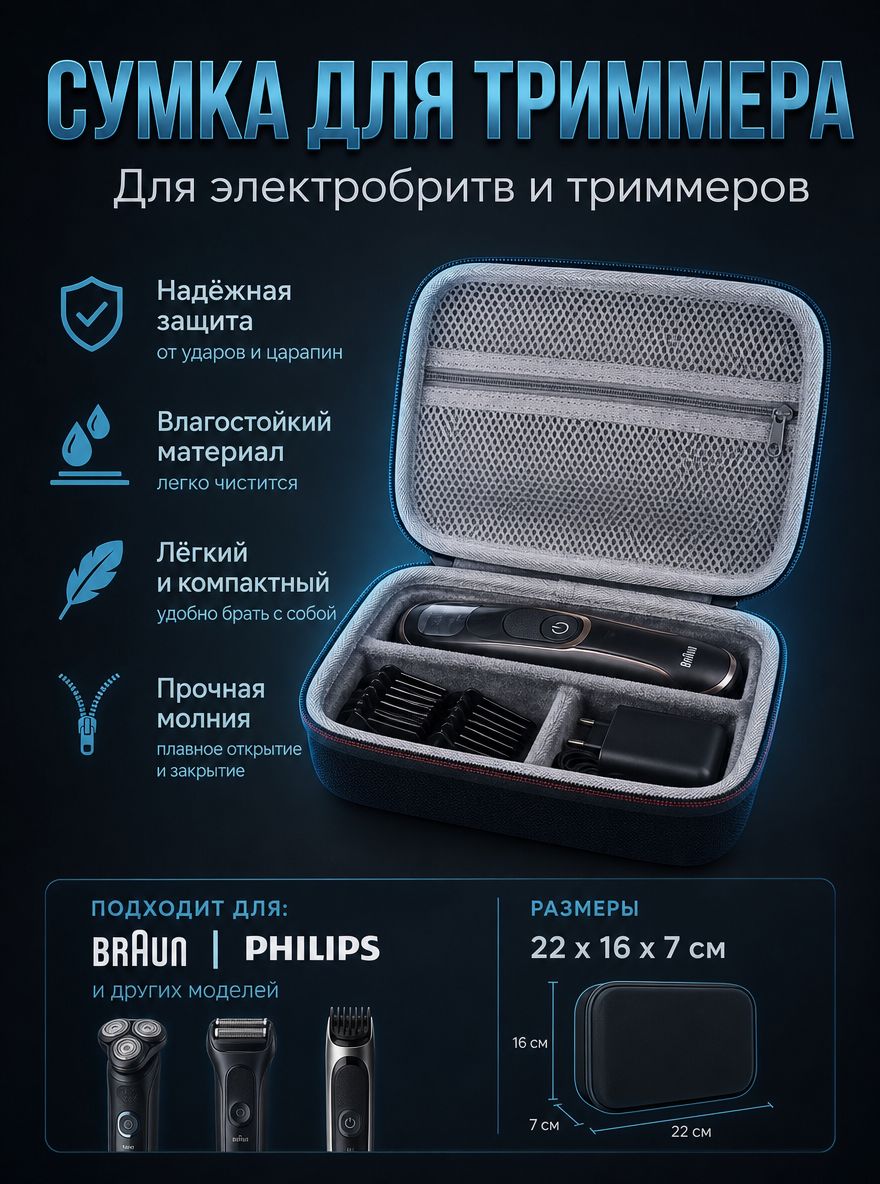 Чехол - футляр сумка для бритвы Braun и мужского триммера Philips, электробритвы, машинки для стрижки бороды и волос, дорожная сумка 22x16x7 см