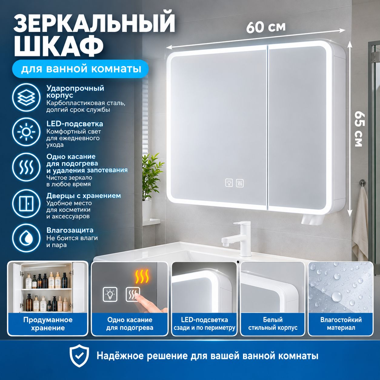 Умный Зеркальный Шкаф с Регулируемой Подсветкой - Влагостойкий, Антизапотевание, Каркас из Углеродистой Стали,65,60, белый
