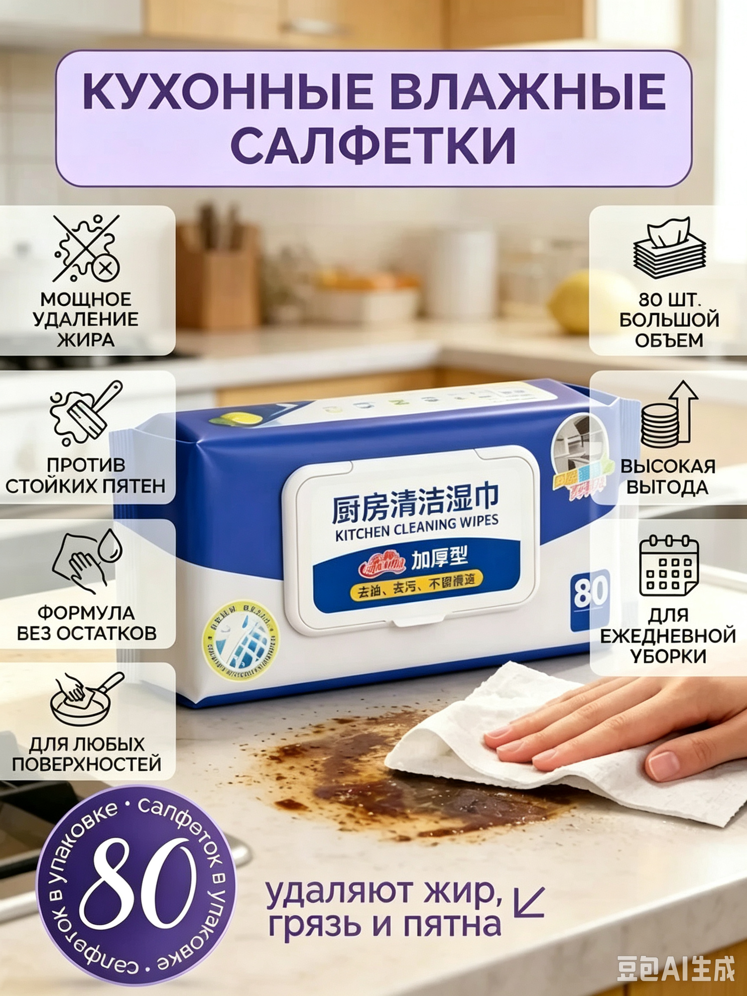 Влажные салфетки для уборки Кухни, Антижир, от стойкого жира и нагара, 2 упаковки