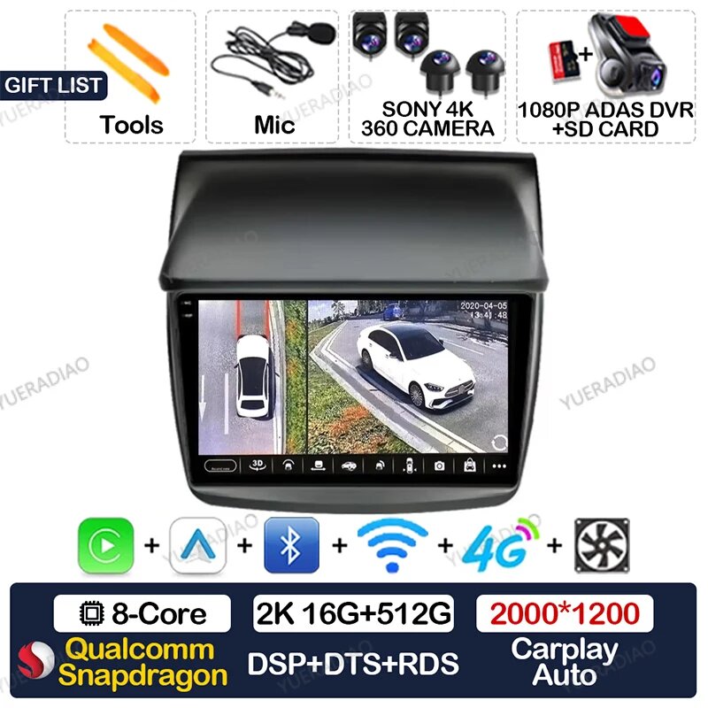 Автомагнитола Android 17 для Mitsubishi Pajero Sport 2 2008-2016, L200 4 2K 16G-512G 360 DVR