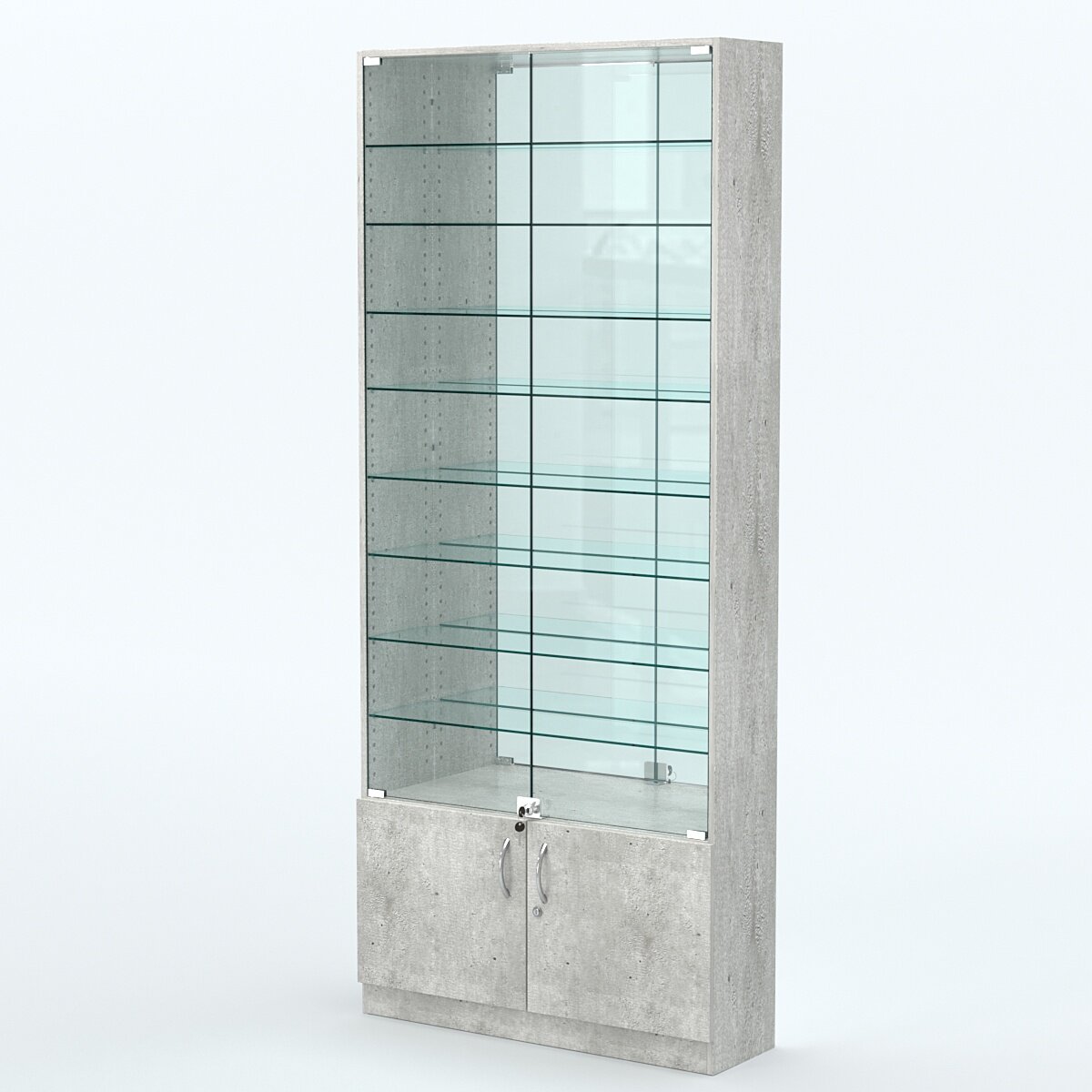 Торговая витрина с 8-ю стеклянными полками 250x900 мм серии NEXT-8 №11-2 (З/C - зеркало), Метрополитан Грей