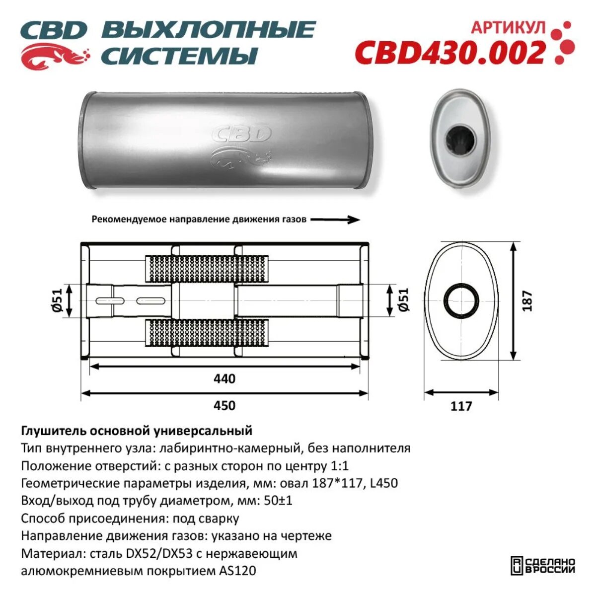 Гл. ун. 50/460/187*117 (овал) направленный, отв. по центру, 3-камерн без наполн. Нерж. CBD430.002