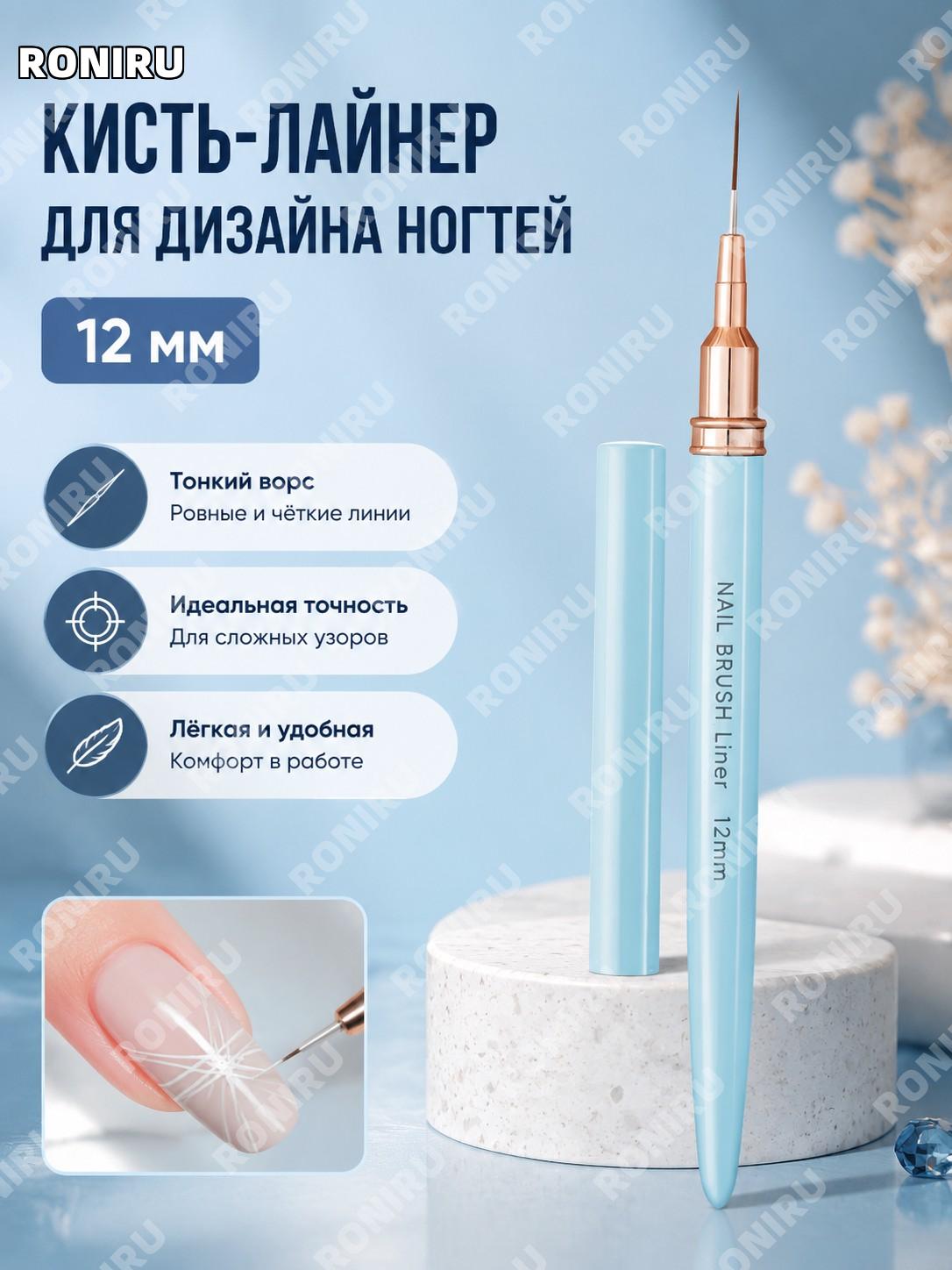 Кисть для нейл-арта линер для ногтей MJ-A41 12 мм светло-голубой пластиковый для прорисовки линий и узоров в салоне