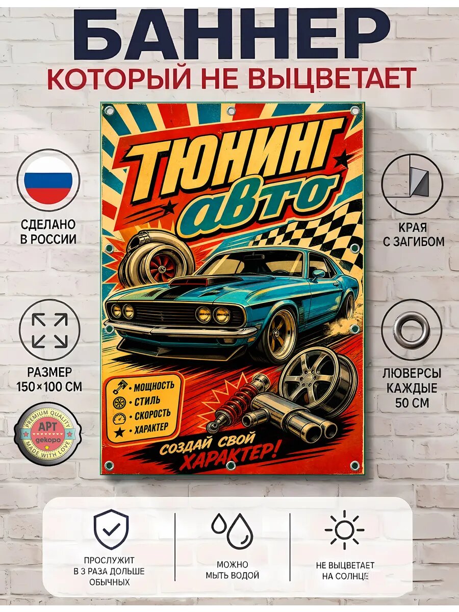 Тюнинг авто баннер декоративный Арт-Декоро ретро-коллекция, виниловый с люверсами 100×150 см, для интерьера и улицы