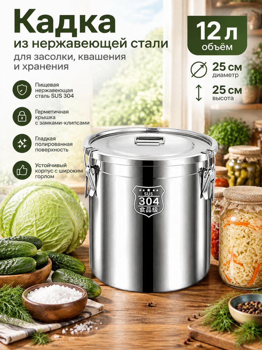 Кадка из нержавеющей стали 304 для засолки, квашения и хранения 12 л, диаметр 25 см, с крышкой