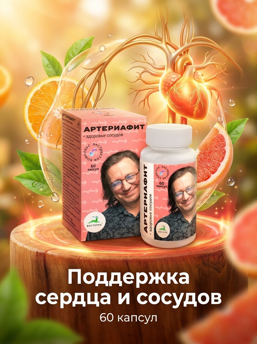 Комплекс для сосудов и сердца Вистерра Артериафит капсулы, боярышник красный клевер дигидрокверцетин рутин витамин С, 60 капсул
