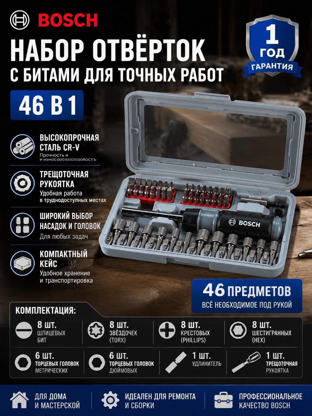 Набор отверток BOSCH, с битами для точных работ 46 в 1