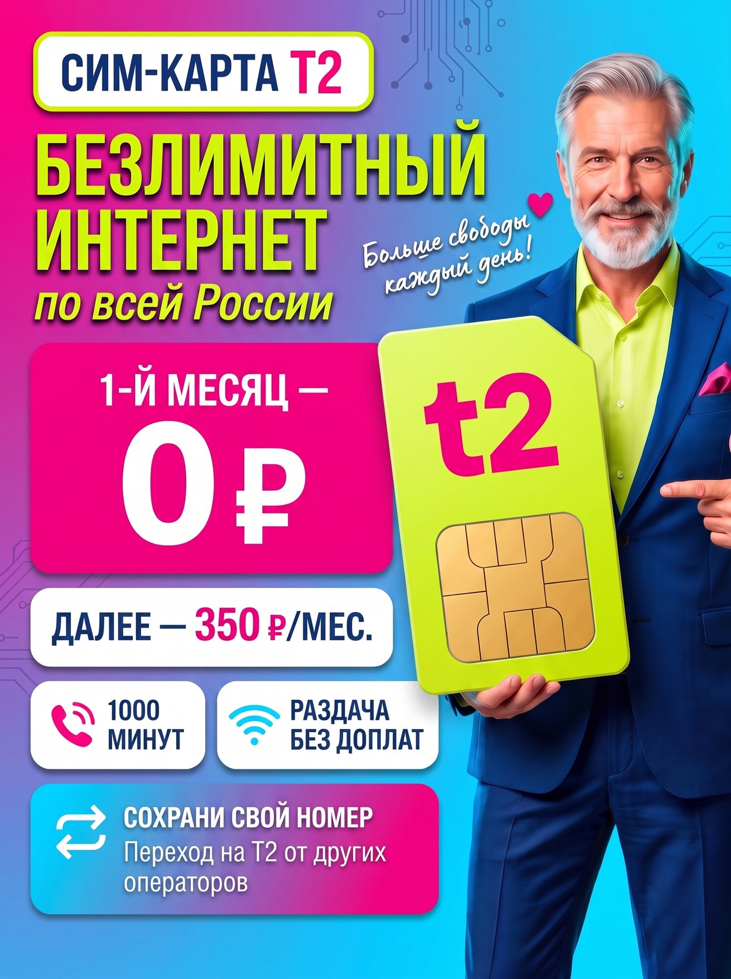 Сим-карта T2 | Безлимит интернет + 1000 мин | 350₽/мес | 1-й месяц 0₽ | Для роутера