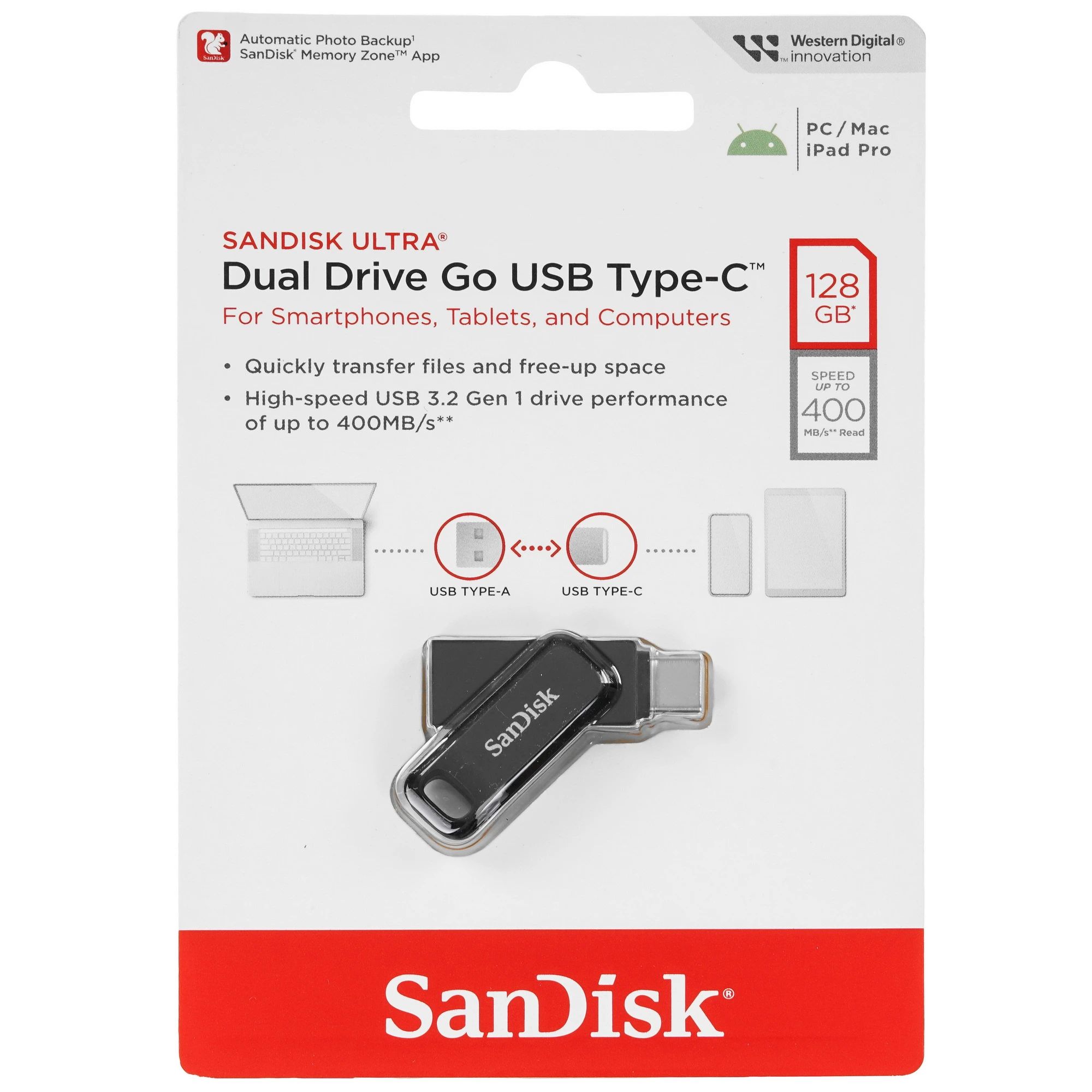 USB-флеш-накопитель SanDisk Ultra Dual Drive Go 128 ГБ, USB 3.2 / USB Type-A / USB Type-C