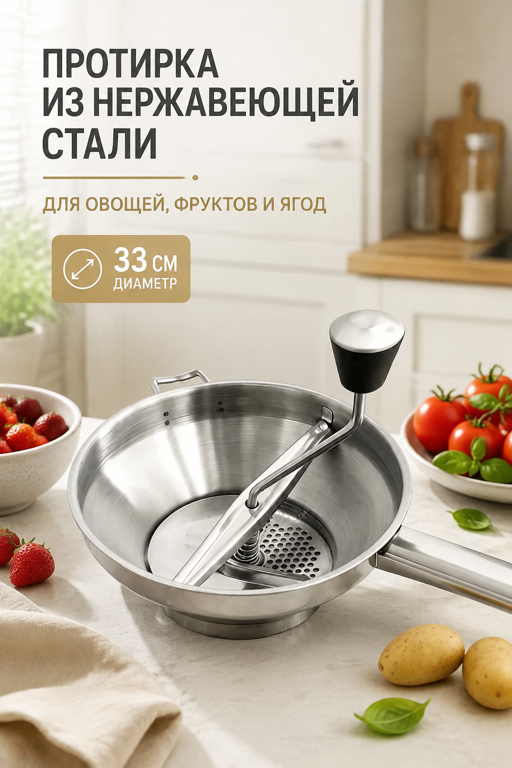 Протирка для овощей, фруктов и ягод из нержавеющей стали, 33 см, 1 шт.
