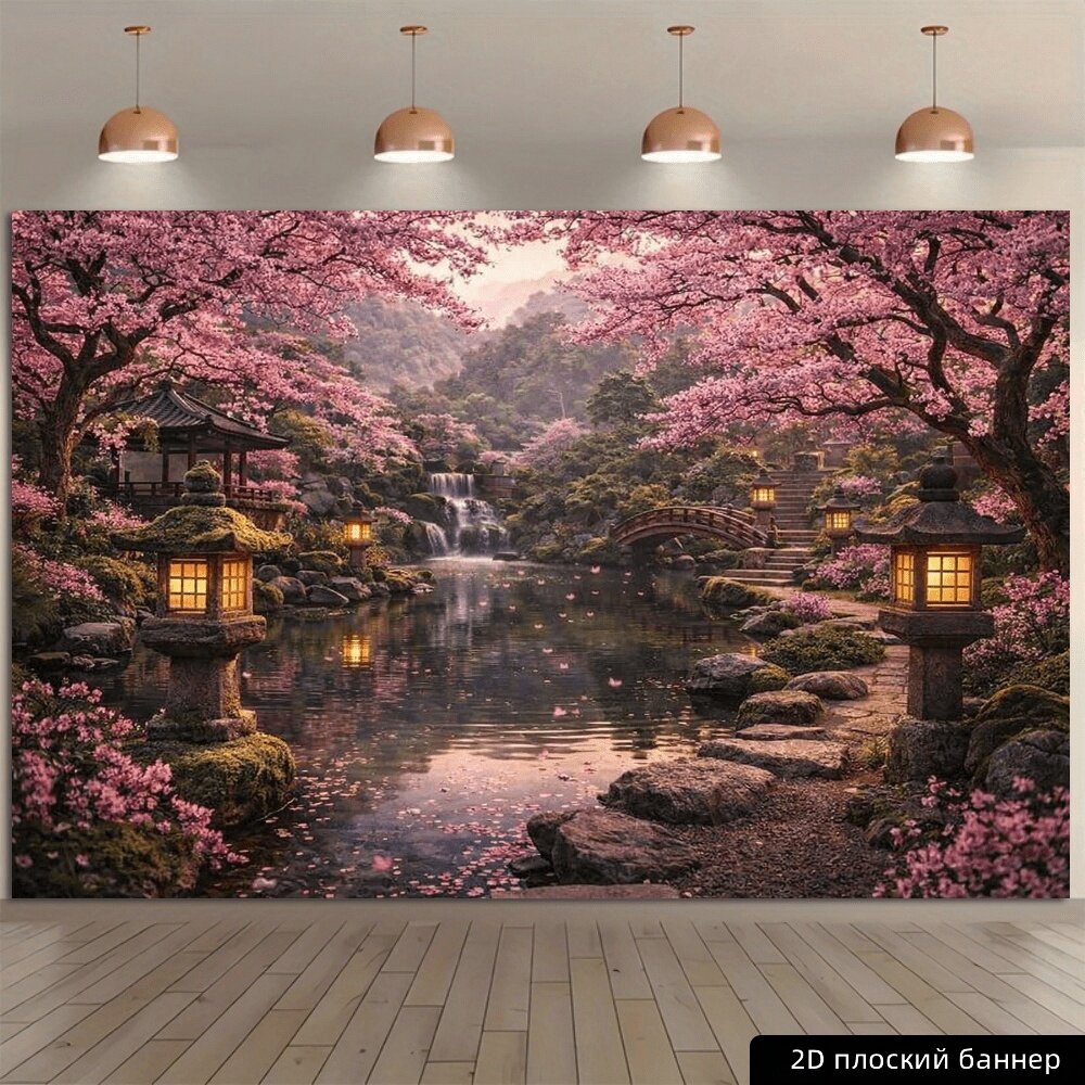 Фон для фотосъемки в стиле плоского утопического пейзажа 2D с цветущей розовой сакурой, каменным мостом над ручьем, фонарями на дорожке и деревянными домиками, размер 43,3 x 70,9 дюйма