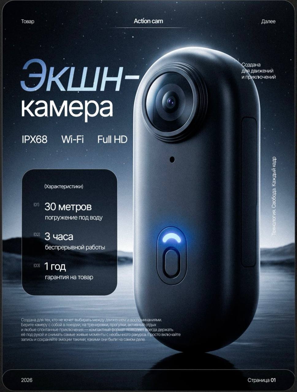 Экшн-камера черная 4K HD, IPX5, EIS стабилизация, CMOS 1/2.3", Wi-Fi и Bluetooth, USB Type-C