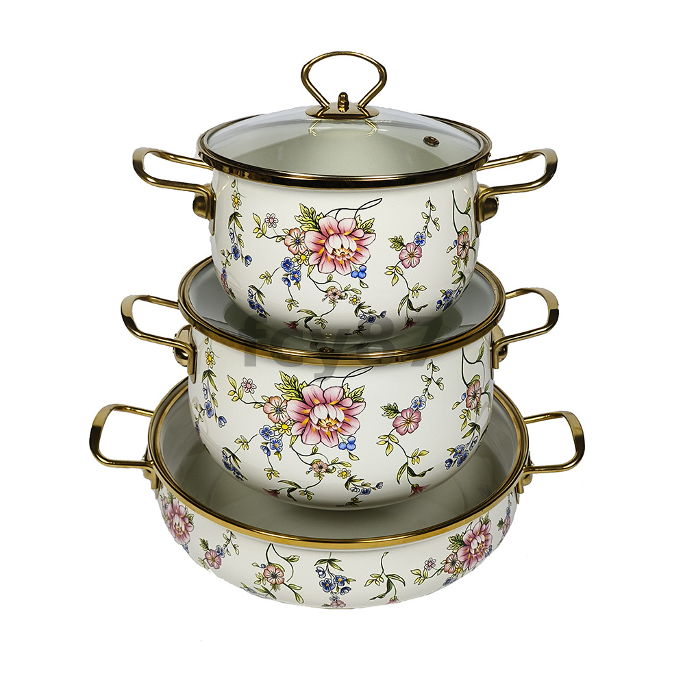 Набор эмалированных кастрюль 3 шт (кастрюльки) для супа, 20CM+24CM+30CM, Цветок розы