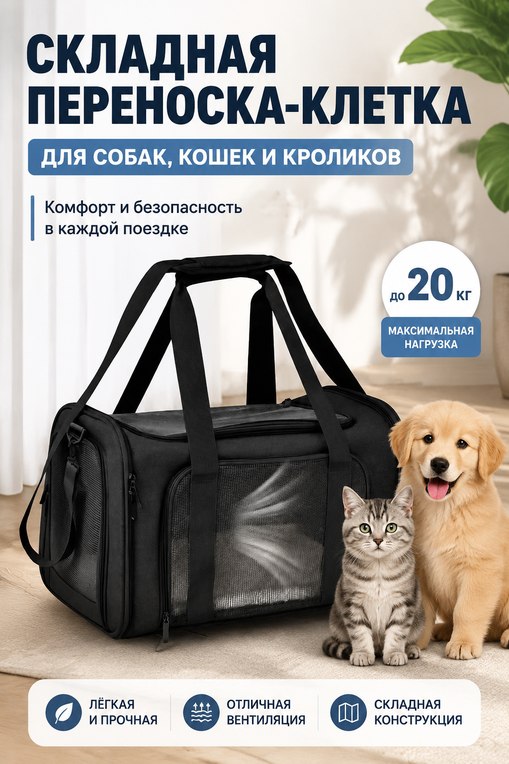 Складная переноска-клетка для собак, кошек и кроликов, до 20 кг