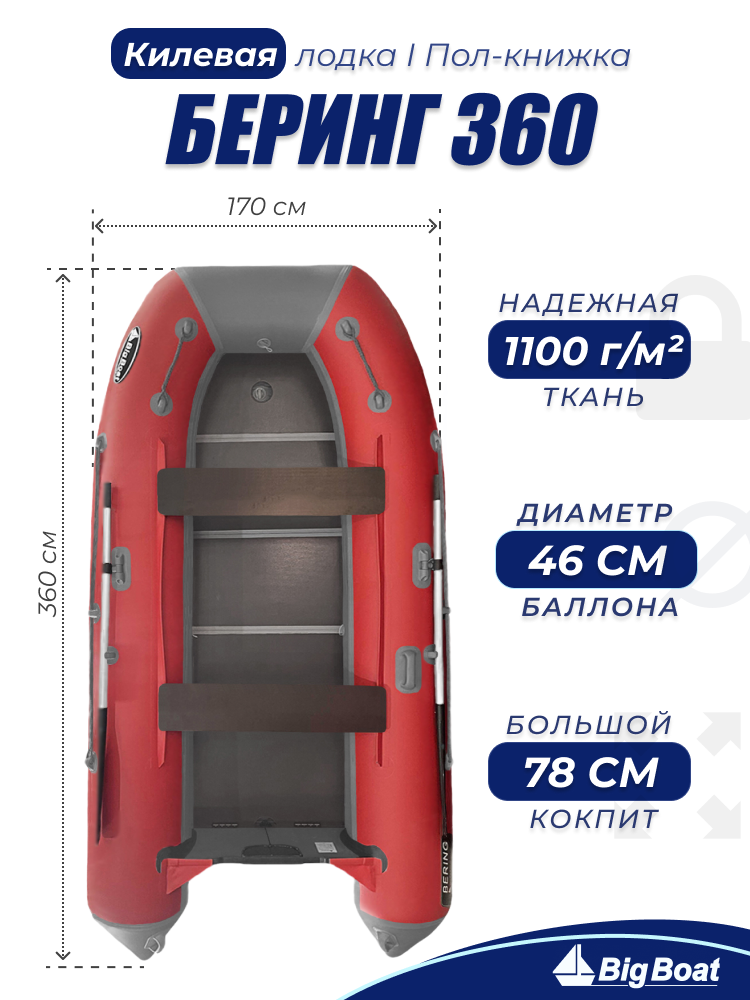 Надувная, под мотор, килевая лодка из ПВХ для рыбалки Bering (Беринг) 360К пол-книжка