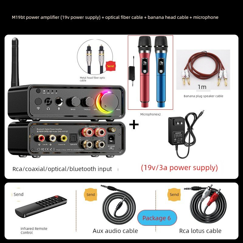 Беспроводной усилитель Bluetooth 5.3 HiFi Mini M19BT с источником питания 19В, оптоволоконным кабелем, банановыми