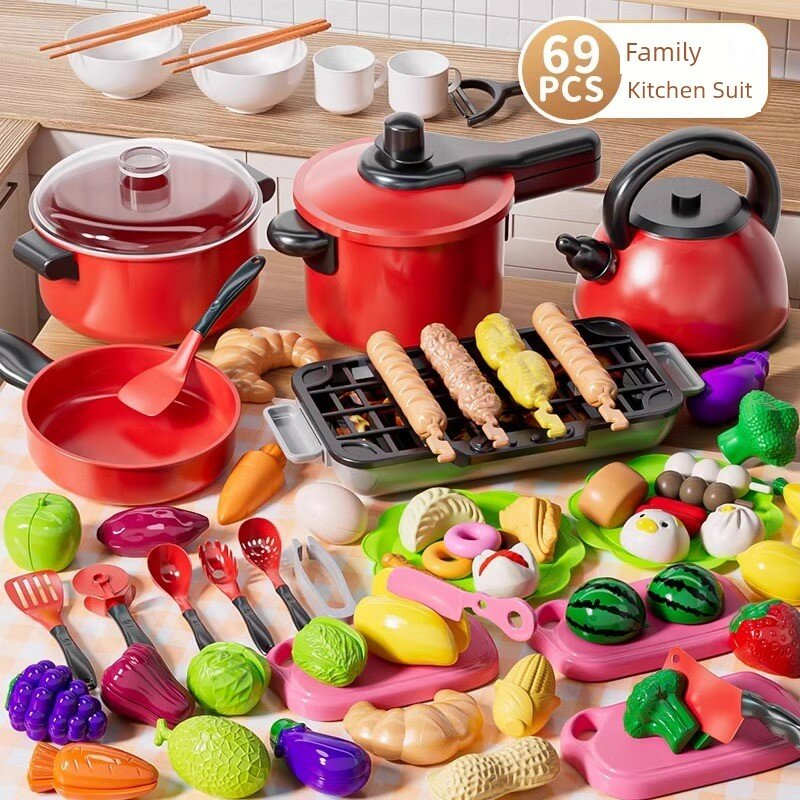 Мини-кухонный набор с 4 сковородками, 1 грилем, игрушкой для нарезки фруктов, 69 предметами