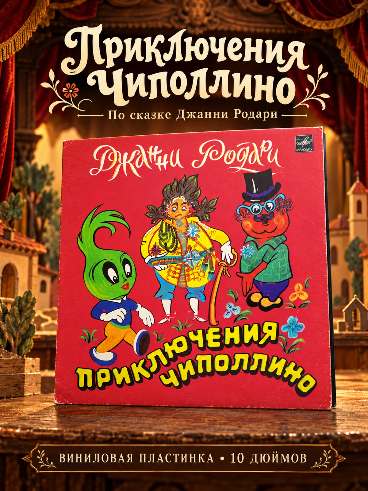 Приключения Чиполлино по сказе Джанни Родари. Виниловая пластинка 10 дюймов. Мелодия СССР 1962 год