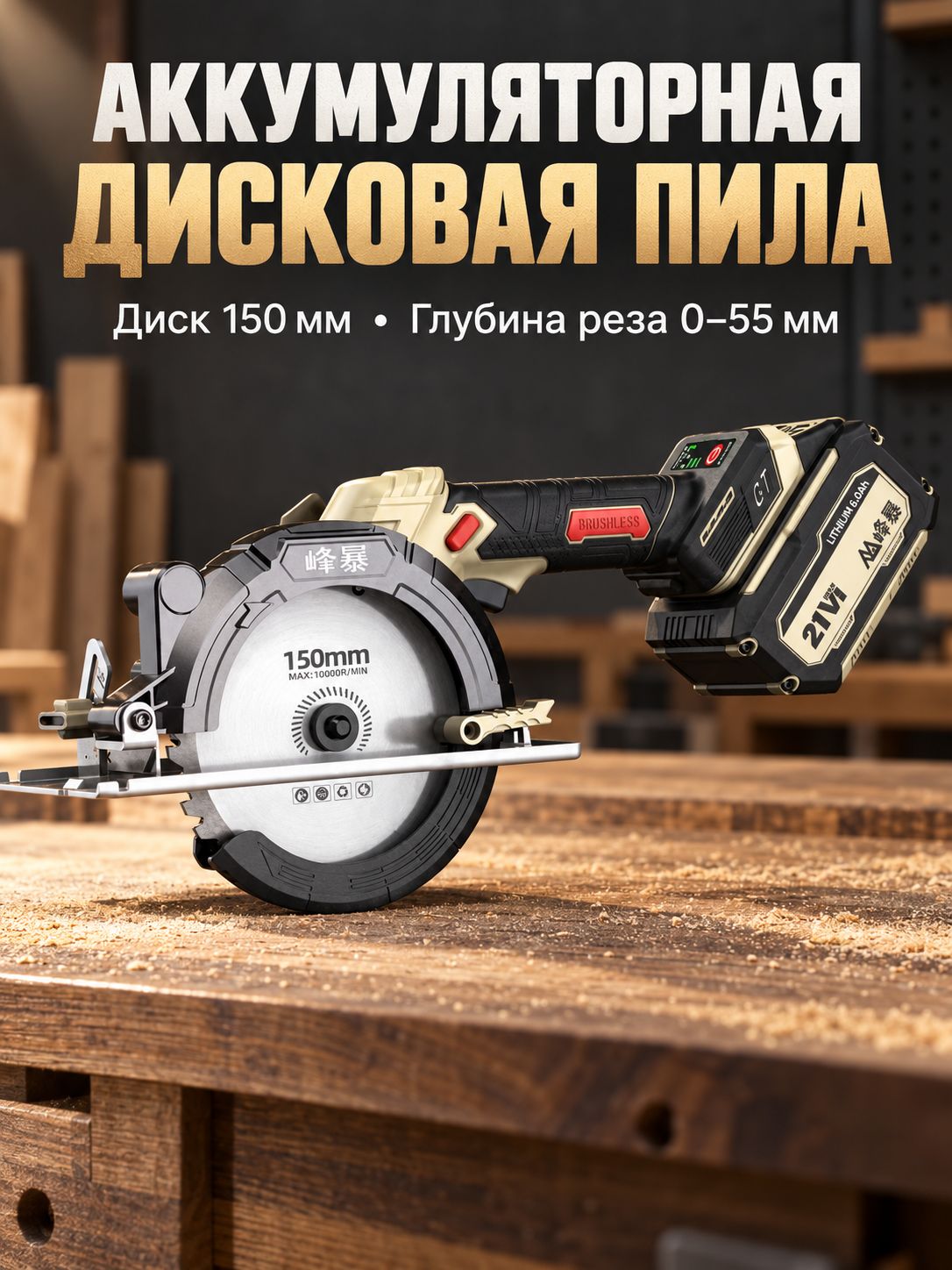 Аккумуляторная дисковая пила FB150 21 В, диск 150 мм, глубина реза до 55 мм, для дерева и столярных работ