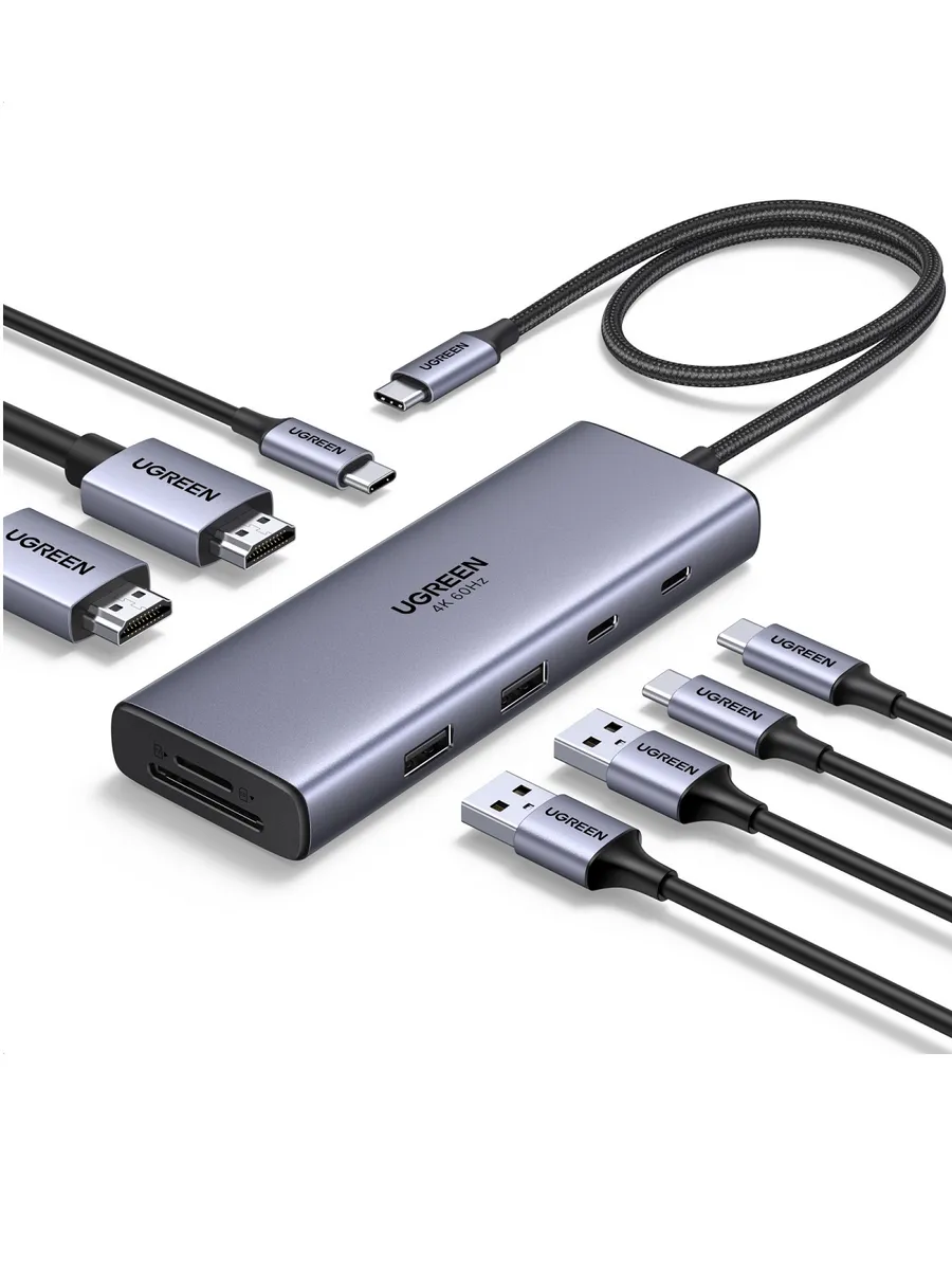 Хаб UGREEN CM498A (85774) Revodok 9-in-1 100W USB-C Серый 2xHDMI, 2xUSB-A, 3xUSB-C, SD, microSD RU