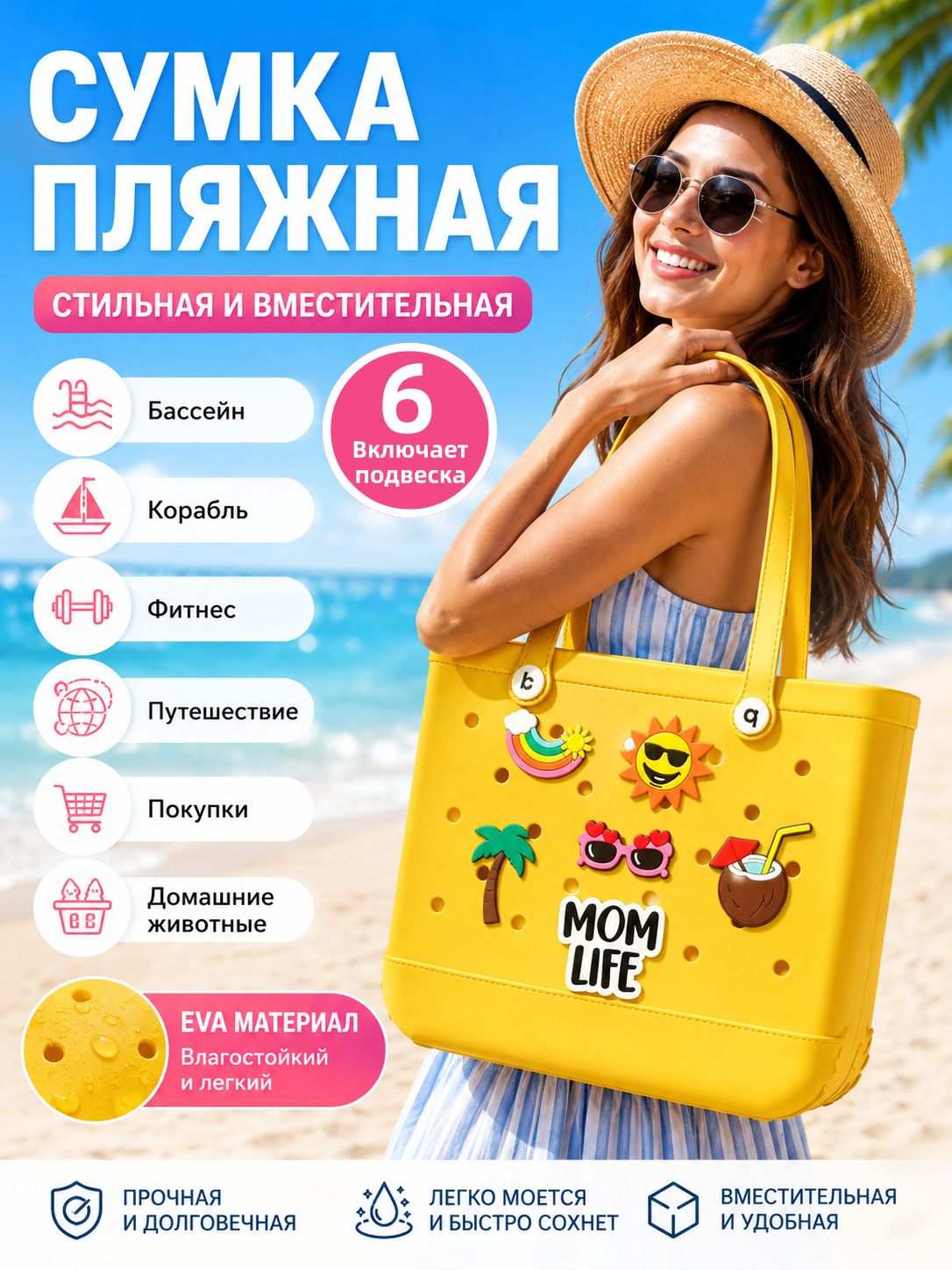 Пляжная сумка из материала EVA желтого цвета, универсальная модель для женщин и мужчин, 1 упаковка